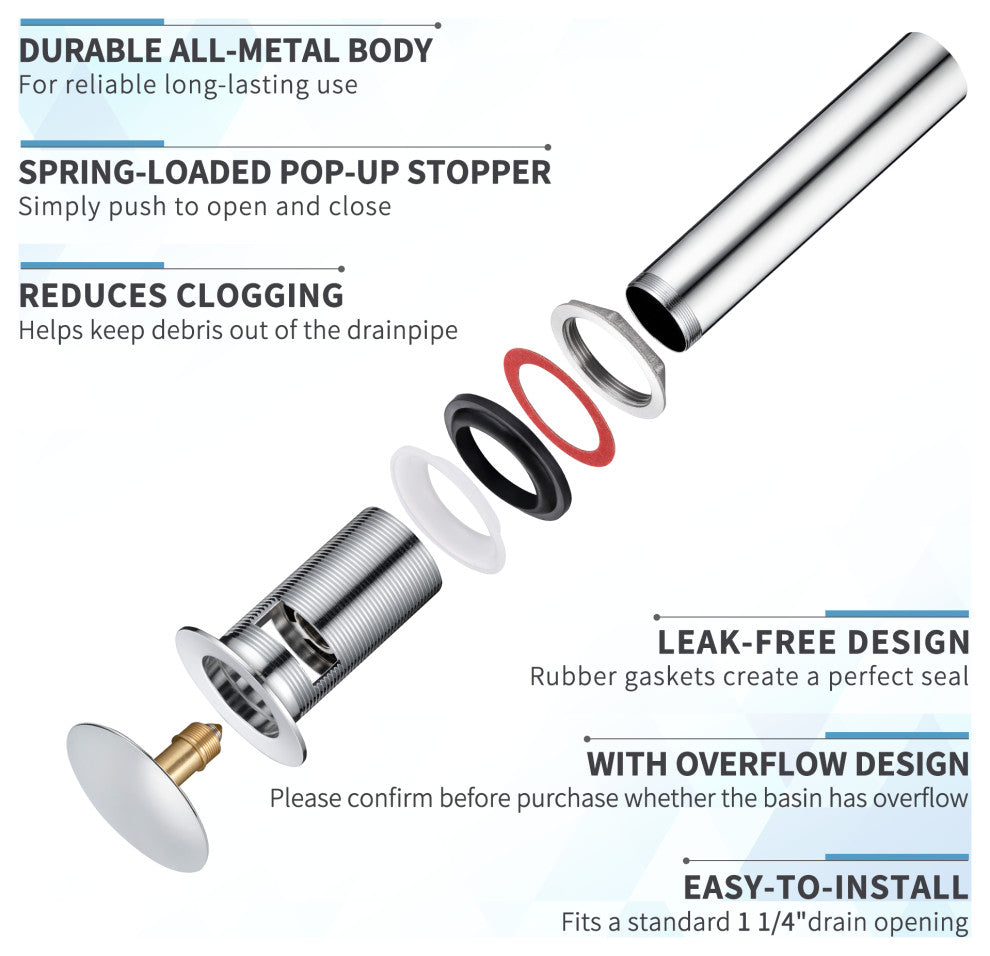 HEATGENE Bathroom Sink Drain, Pop Up Drain, Chrome, With Overflow