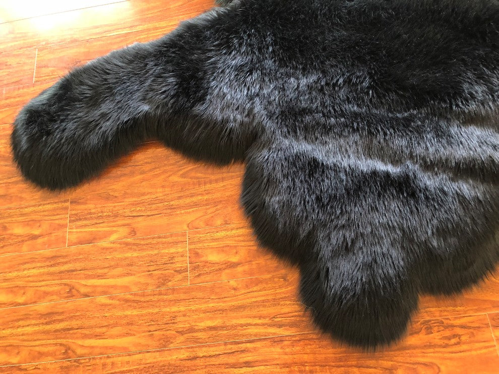 Super Soft Faux Bear Skin Silky Shag Rug, Black, 24"