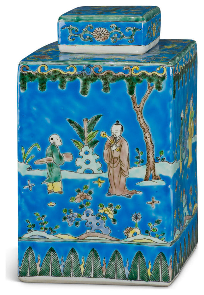 Light Blue Chinese Square Porcelain Tea Jar with Figurine Motif