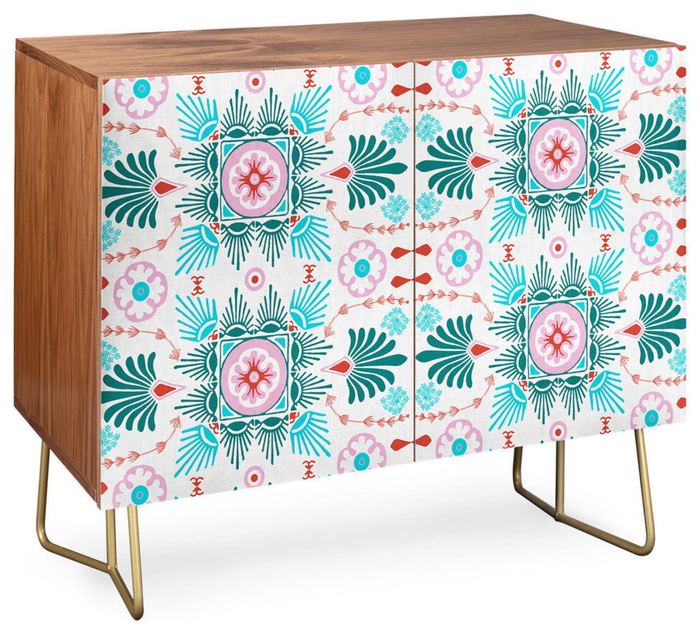 Deny Designs Alaouite Spring Flourish Credenza, Walnut, Gold Steel Leg