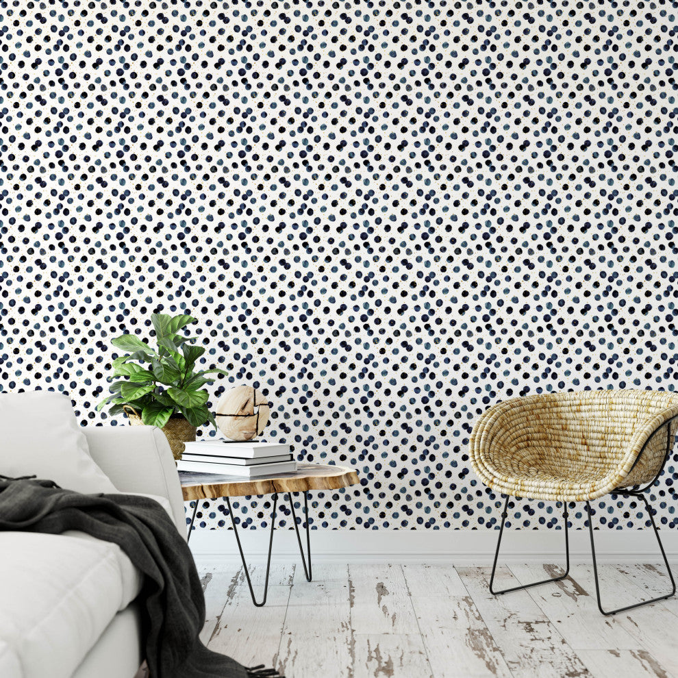 Indigo Teal Dots Gold Wallpaper, 24"x72"