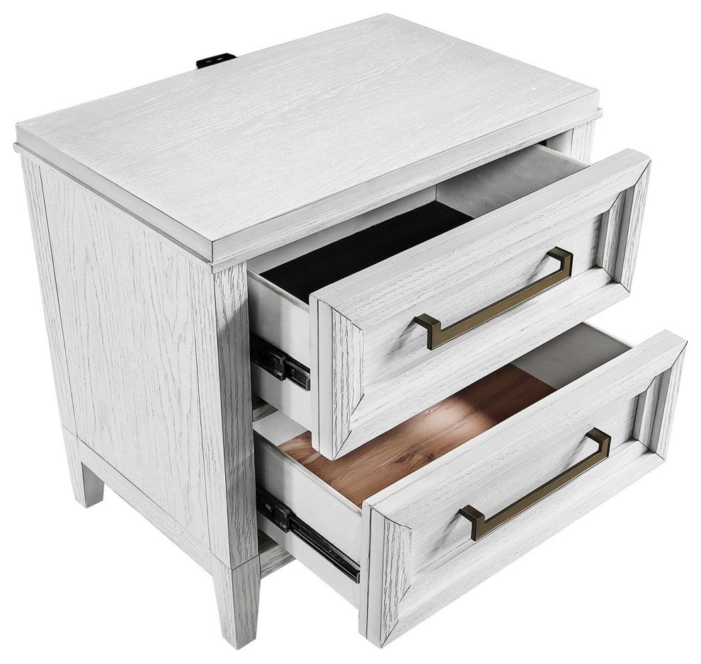 2 Drawers Wooden Nightstand With Bar Drawer Pulls, Distressed White
