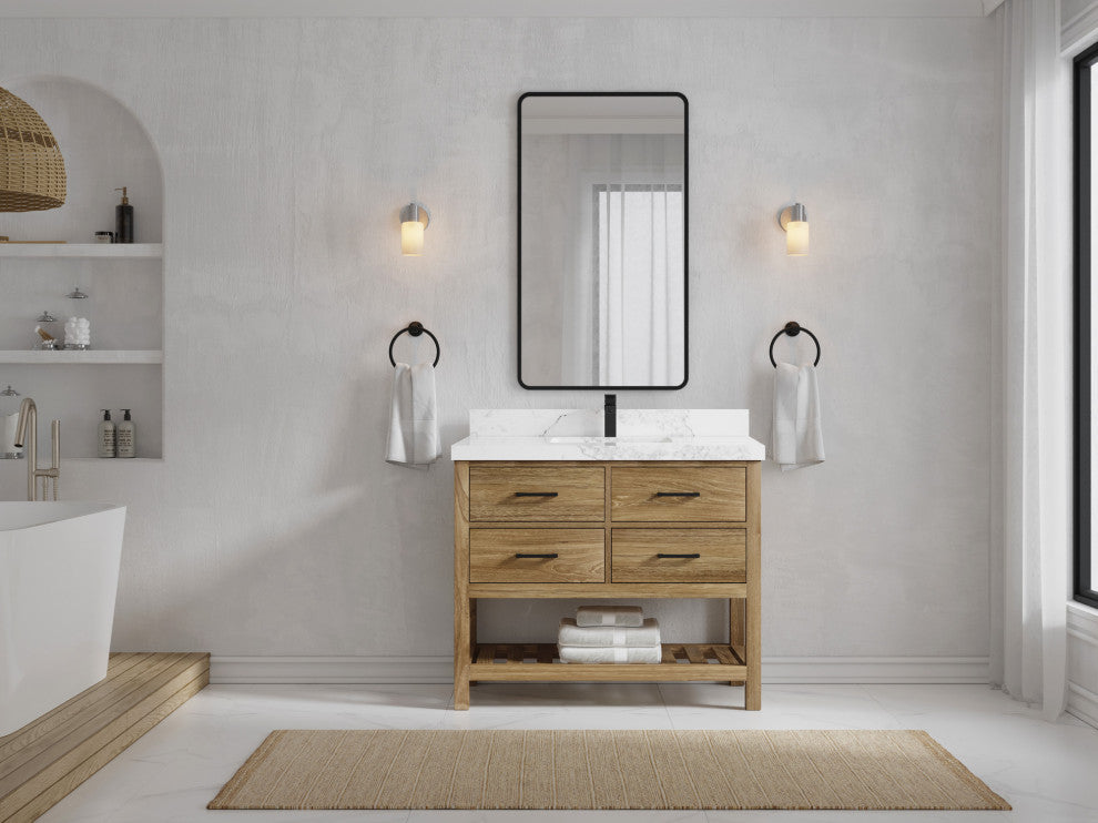 Parker 36 Bathroom Vanity Center in Premium Teak 2" Calacatta Nuvo