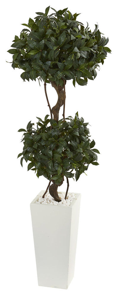 5' Sweet Bay Artificial Double Topiary, White Tower Planter
