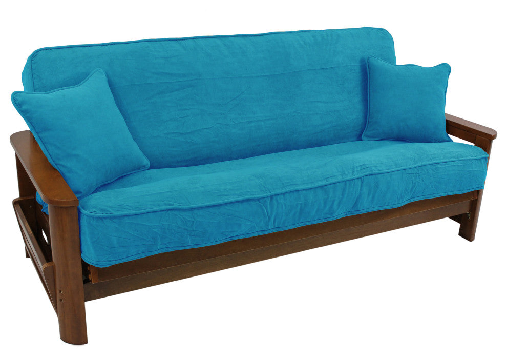 Full Futon Cover With Throw Pillows, 3-Piece Set, Aqua Blue