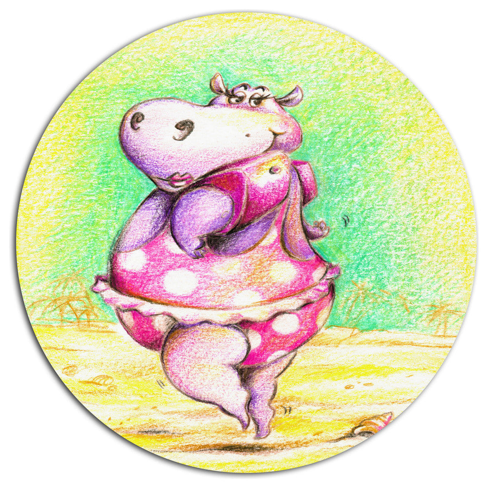 Cute Hippo Goes Swimming, Animal Disc Metal Artwork, 11"