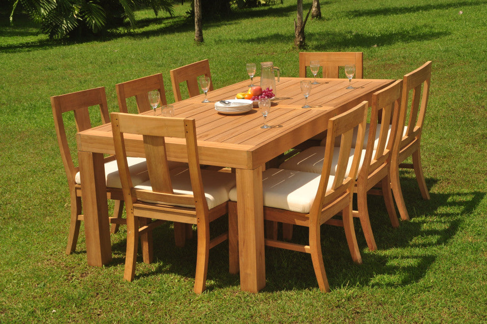 9-Piece Outdoor Teak Dining Set, 86" Rectangle Table, 8 Osbo Armless C