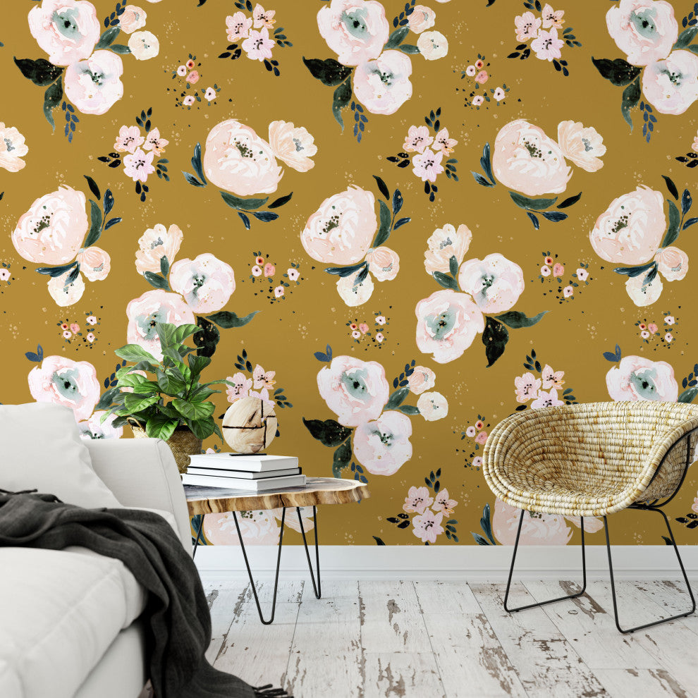 Janice Floral Vintage Mustard Wallpaper, 24"x144"