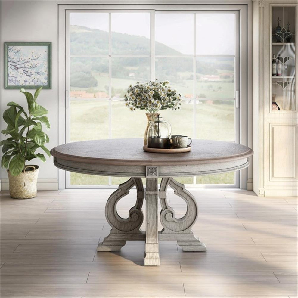 Bowery Hill Rustic Wood Round Dining Table in Antique White Finish