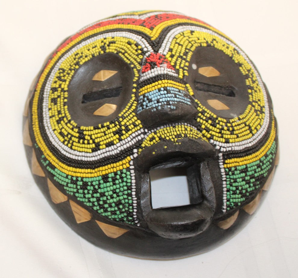 Luxe Beaded African Mask Wall Art | Wood Colorful Round 7" Tribal Scul
