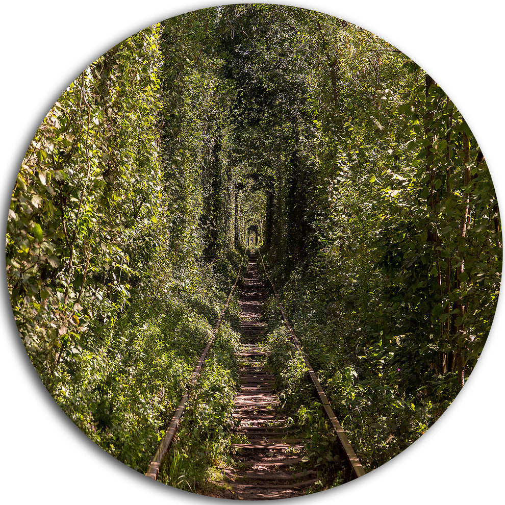 Tree Rail Tunnel In Forest, Landscape Photo Round Metal Wall Art, 23"