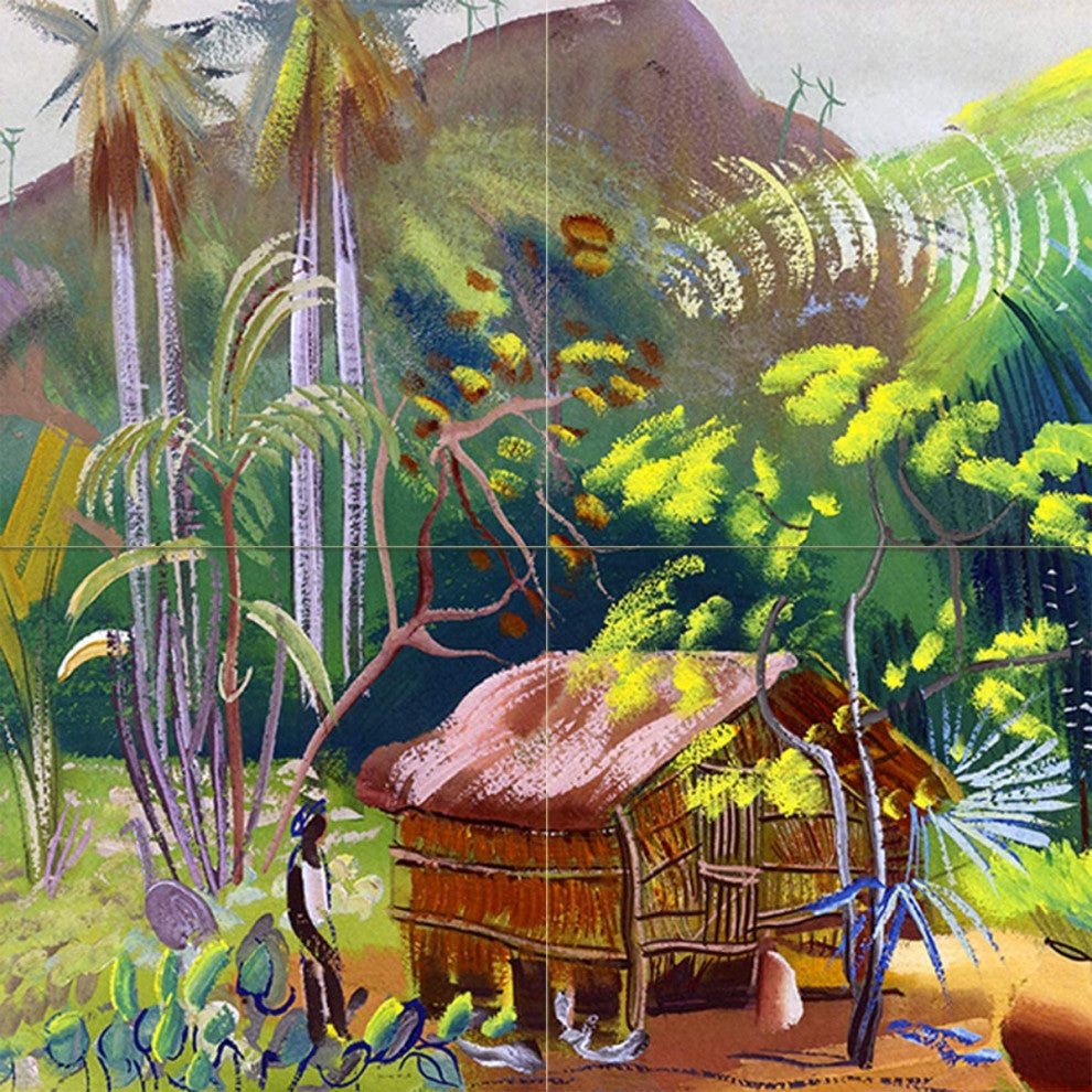 Tile Mural NATIVE HUT BRAZIL trees Kitchen Backsplash 6" Ceramic Gloss