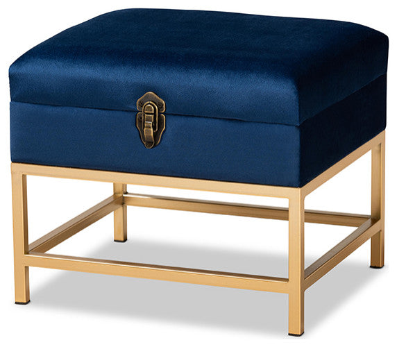 Garten Glam Luxe Velvet Upholstered and Gold Storage Ottoman, Navy Blu