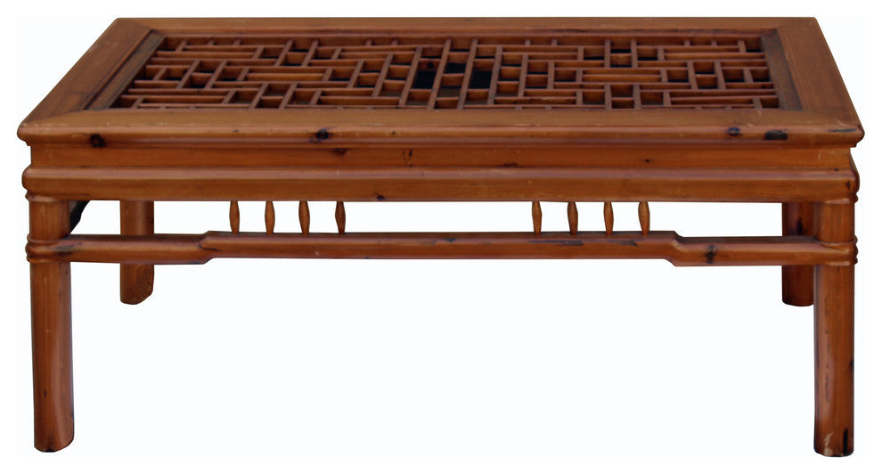 Rectangular Glass Top Coffee Table With Chinese Old Windows Panel Desi