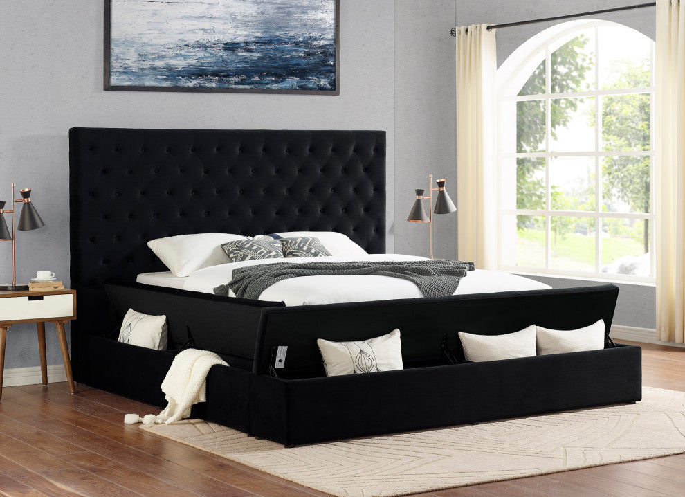 Cierra Tufted Velvet Platform Bed With Storage, Black, King