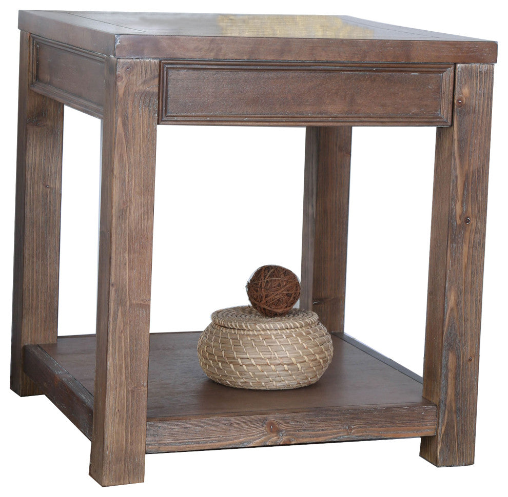 Transitional Style Square End Table with Open Shelf, Oak Brown