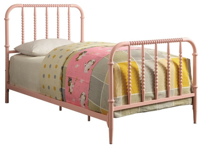 Metal Twin Bed with Beaded Design Headboard And Footboard, Pink