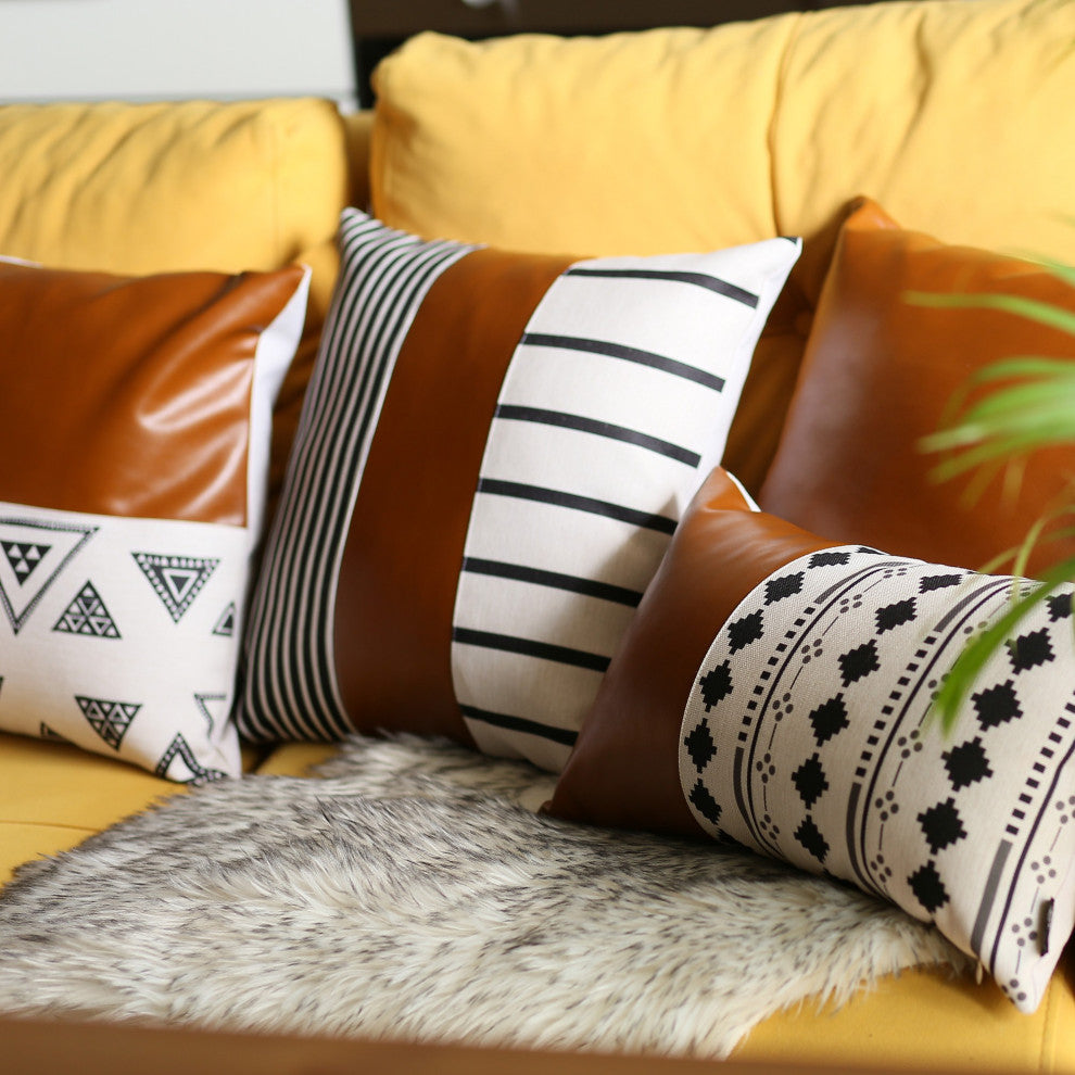 Playful Triangle And Brown Faux Leather Pillow Cover