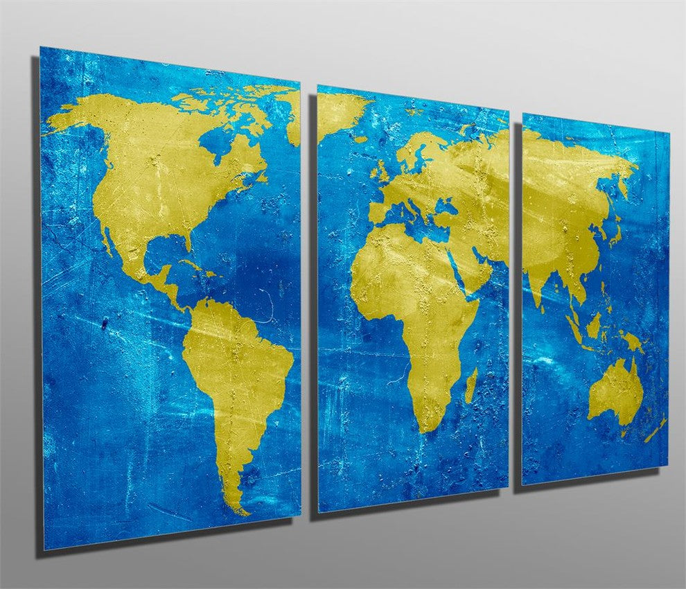 Blue And Yellow World Map Metal Print 3 Panel Split, Triptych Wall Art