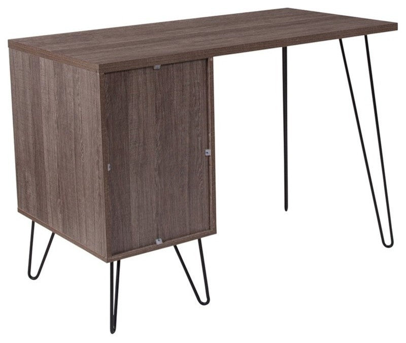 Rustic Wood Grain Finish Computer Desk, Metal Cabinet Door & Black Met