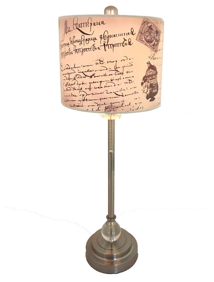 28" Crystal Lamp With Vintage Letter Calligraphy Shade, Brushed Nickel