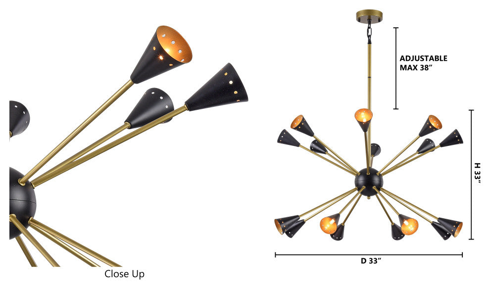 Matte Black, Champagne Gold Horn Light Fixture