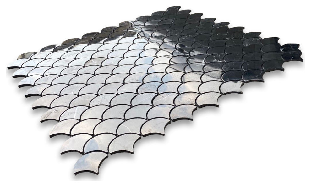Nero Marquina Black Marble Fish Scale Fan Shape Mosaic Tile Polished,