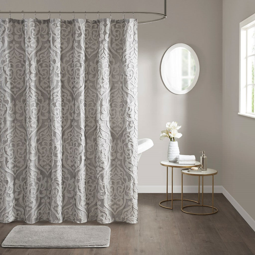 Madison Park Odette Jacquard Shower Curtain, Silver/Silver
