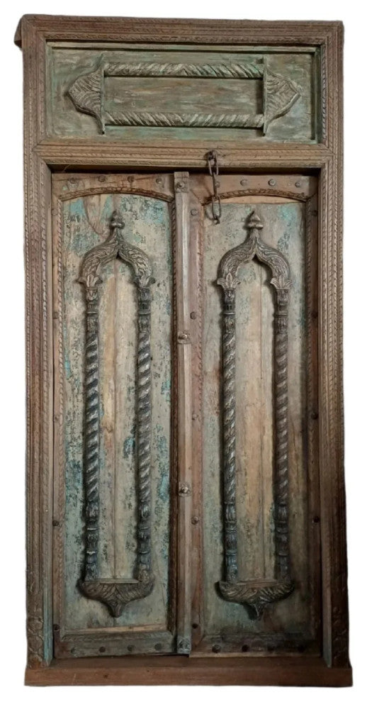 Consigned Medieval French Antique Teak Wood Exterior Haveli Doors 95