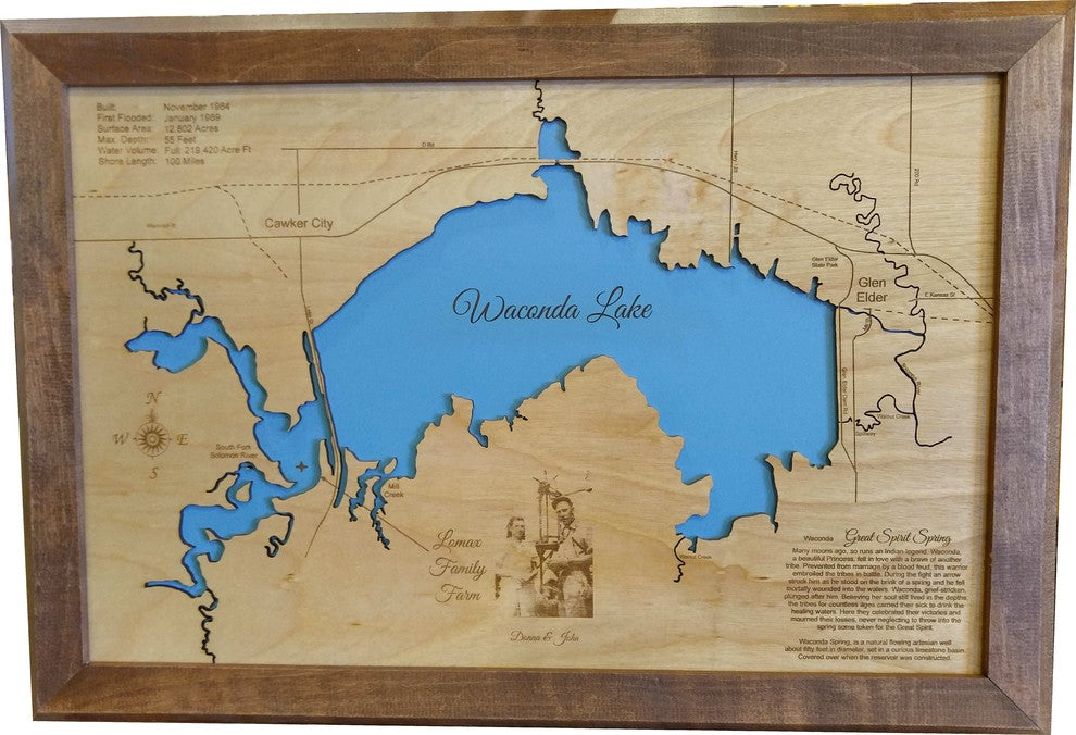 Waconda Lake, Kansas-Wood Lake Map, Medium Framed