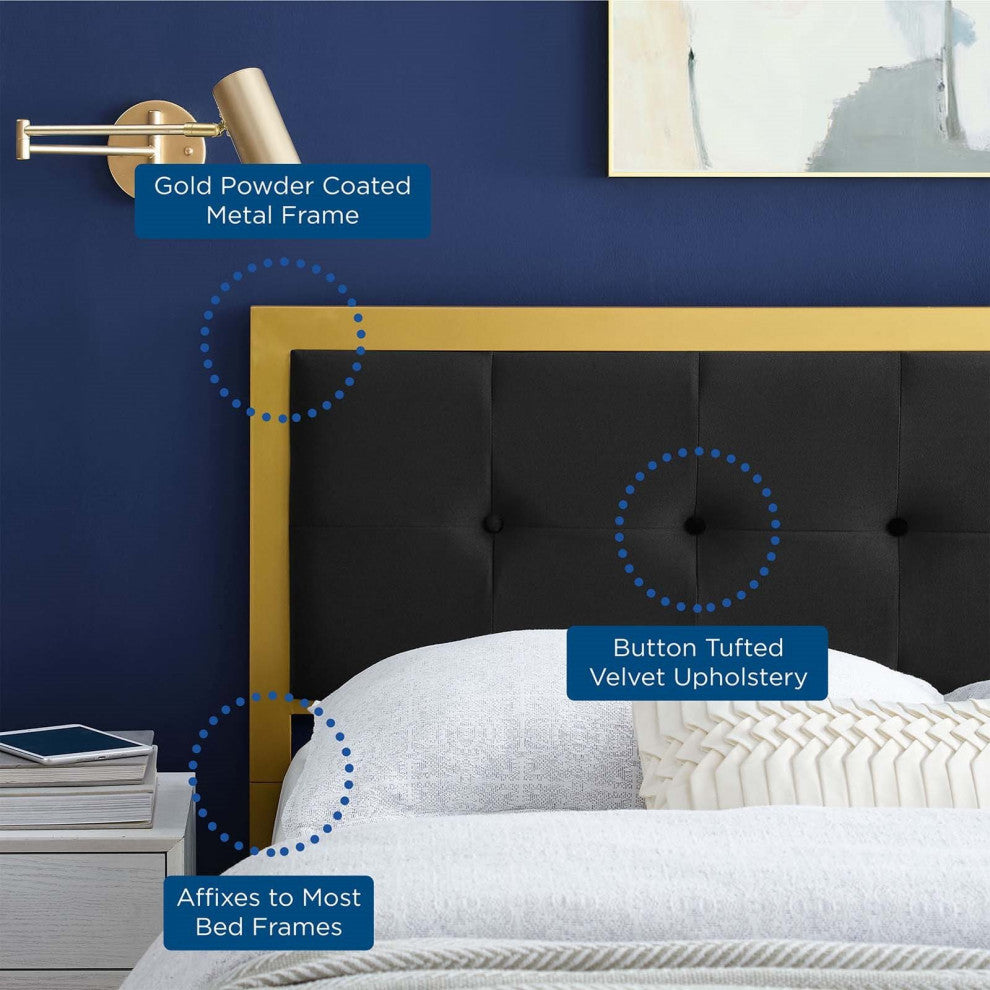 Tufted Headboard, King Size, Velvet, Metal, Gold Black, Modern Contemp