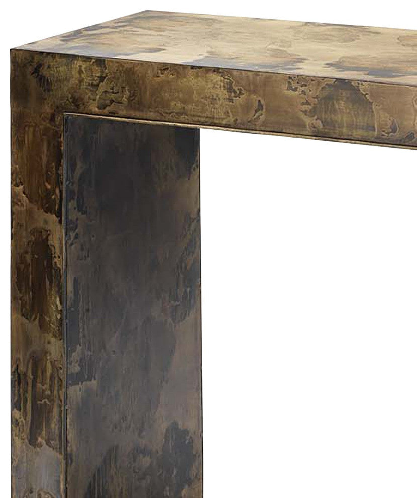 Luxe Burnished Bronze Metal Console Table Minimalist Modern Mottled Ac