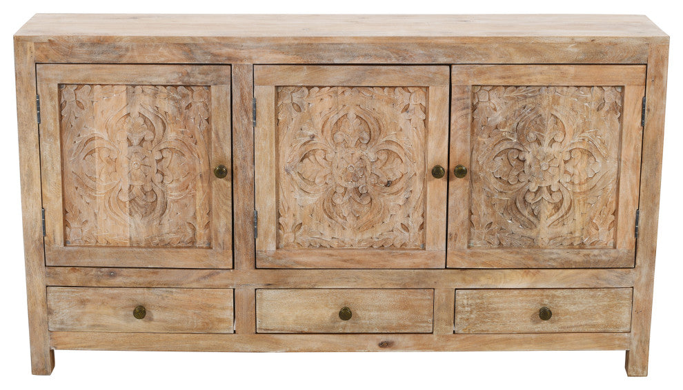 Carter Weatherly 3-Door 3-Drawer Solid Wood Accent Cabinet, White Wash