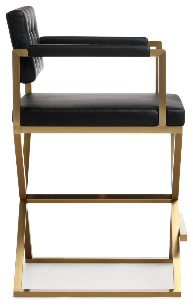 Director Gold Counter Stool, Faux Black Leather Counter Stool, Modern
