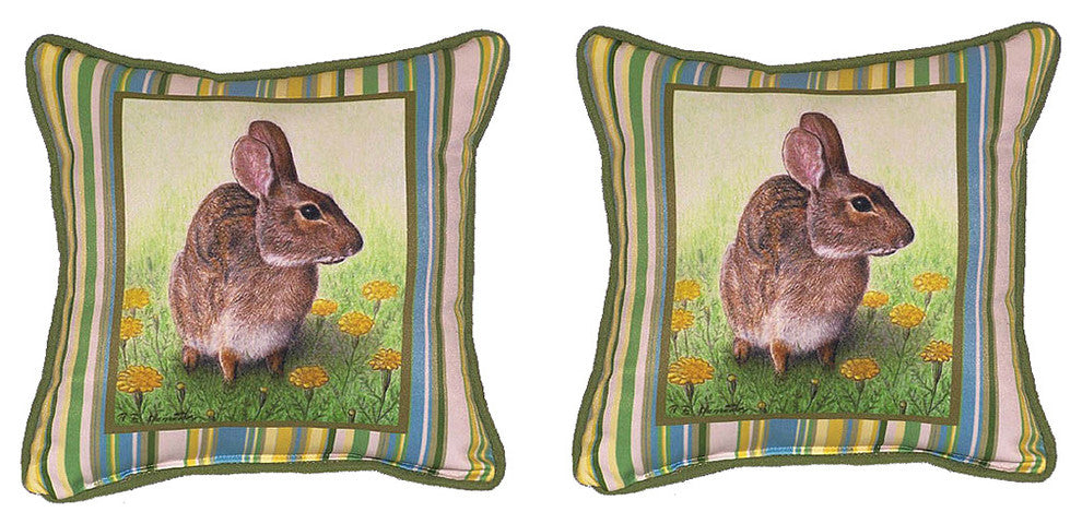 Pair of Betsy Drake Rabbit Small Outdoor Pillows 12 Inch X 12 Inch