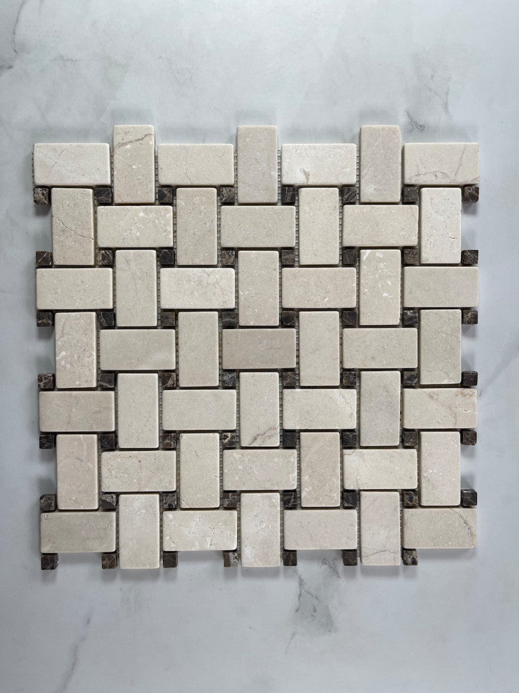 Tumbled Crema Marfil Marble Basketweave Slip Resistant Shower Tile, 1