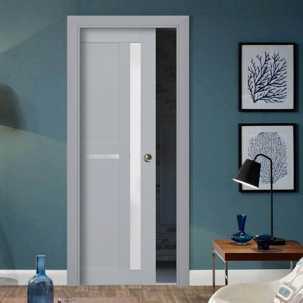Sliding Pocket Door 30 x 96, Veregio 7288 Grey & Frosted Glass, Rail