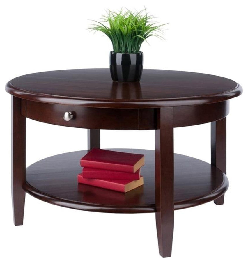 Pemberly Row Round Transitional Solid Wood Coffee Table in Antique Wal