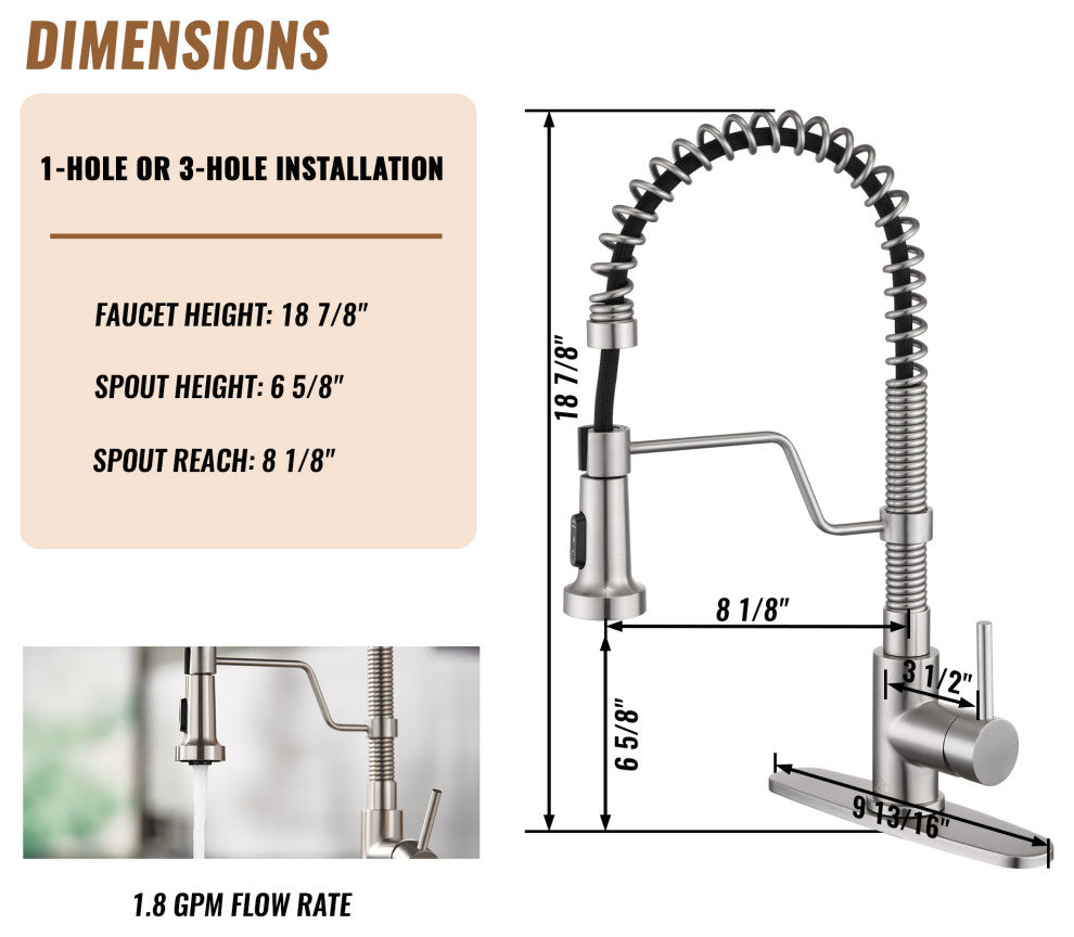 Single Handle Kitchen Faucet 1.8 Gpm With Pull Down With Three Functio
