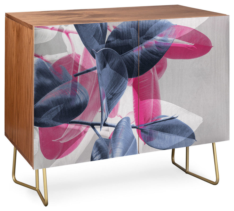 Deny Designs Shadow Leaves Credenza, Walnut, Gold Steel Legs