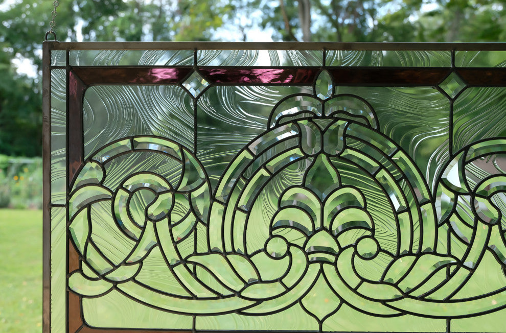 Handcrafted Stained Glass Clear Beveled Window Panel 34 W x 20 H inche