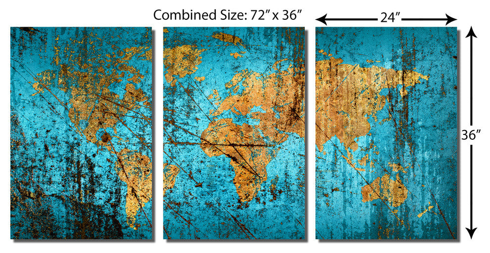 Munsell Blue World Map Metal Print Wall Art 3 Panel Split Triptych