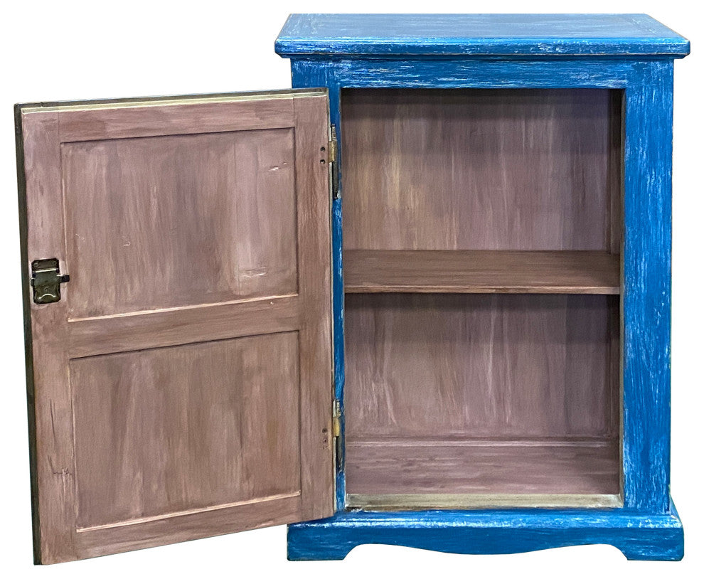Distressed Blue Lacquer Slim Narrow Single Door Side Cabinet Chest Hcs