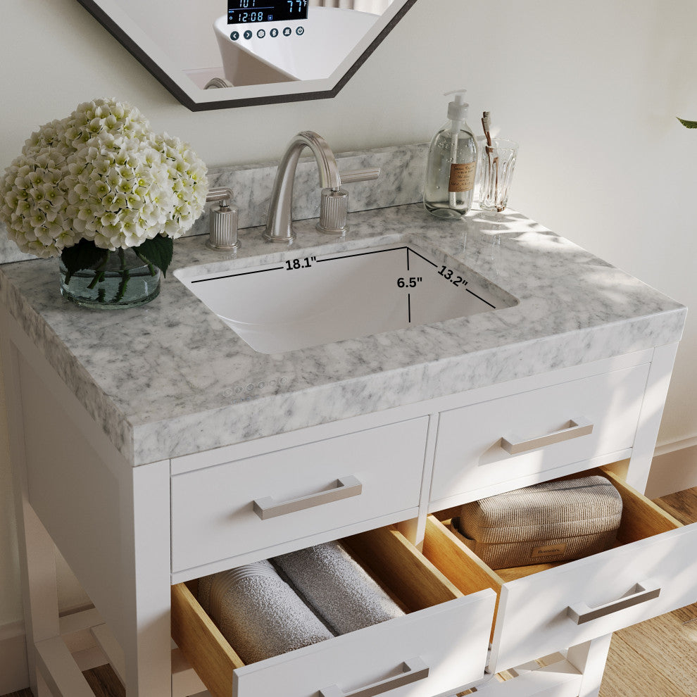 Elizabeth Bath Vanity, White, 36", Brushed Nickel Hardware, No Mirror