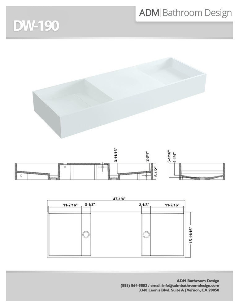 ADM Rectangular Countertop Sink, Matte White, 47"