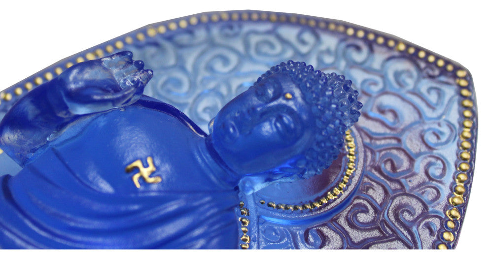 Crystal Glass Liuli Pate-de-verre Blue Color Meditation Buddha Statue