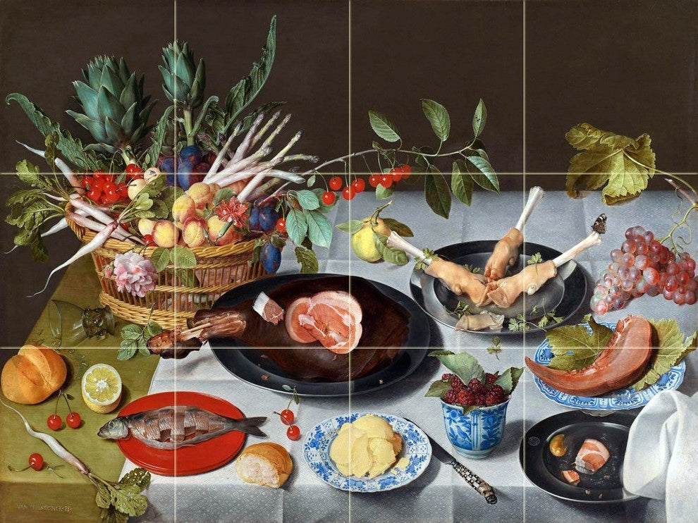 Tile Mural A Laid Table With Plates of Meat and Fish Ceramic Matte