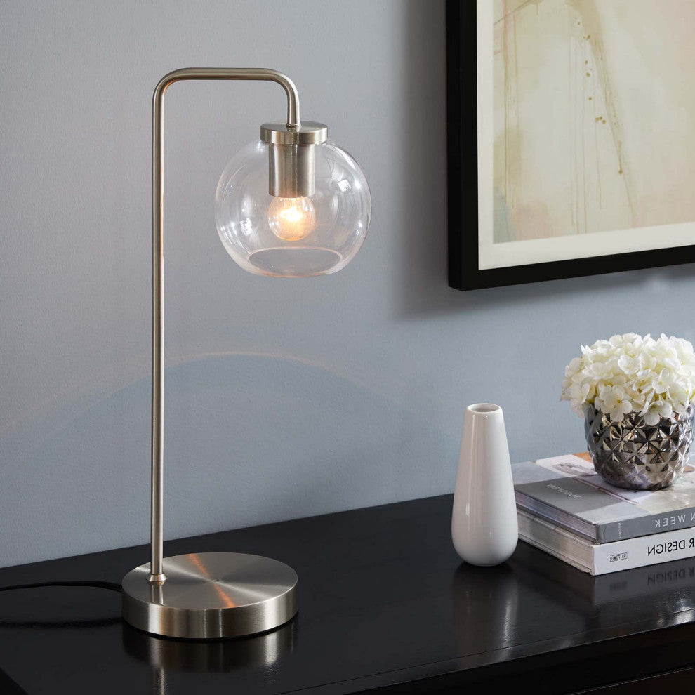Table Lamp, Silver, Glass, Metal, Modern, Mid Century Cafe Bistro Hosp