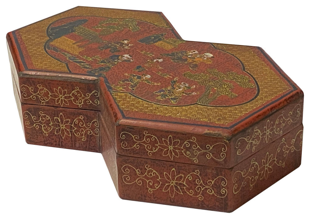 Chinese Distressed Brown People Graphic Rectangular Decagon Shape Box