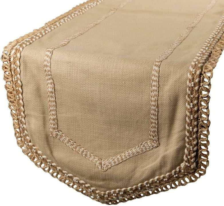 Jute Table Runner Jute Textured Fabric with Lace 14" x 60"-Jutish Touc